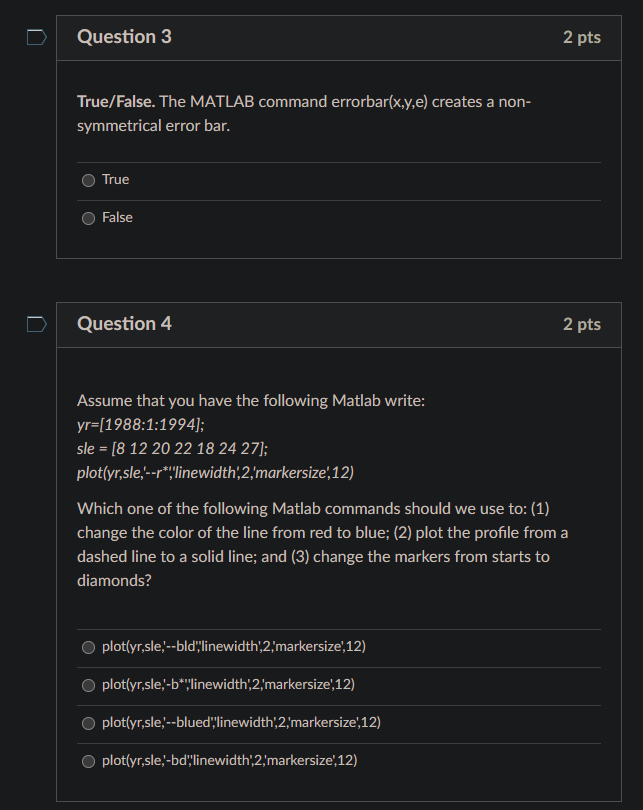 Solved True/False. The MATLAB command errorbar(x,y,e) | Chegg.com