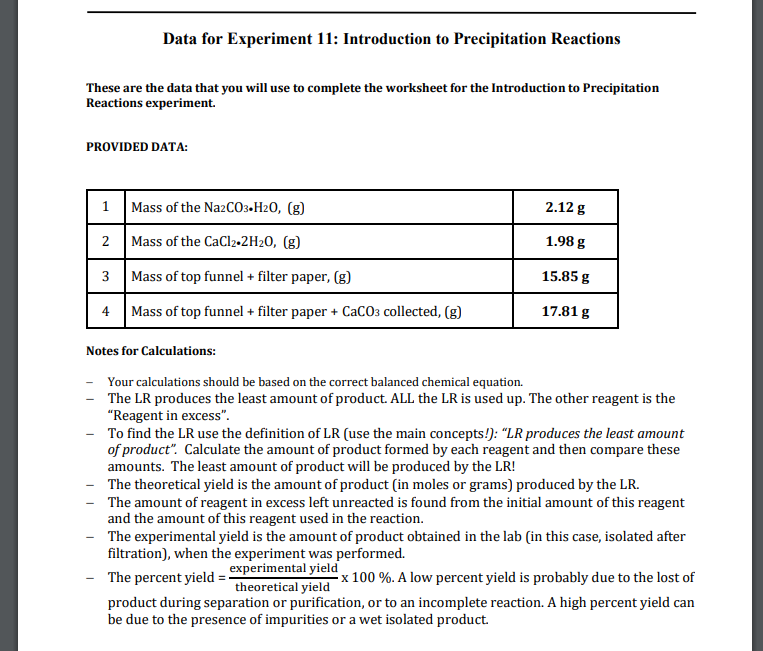 Solved Data for Experiment 11: Introduction to Precipitation | Chegg.com