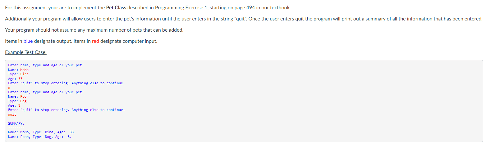 Solved For this assignment your are to implement the Pet | Chegg.com