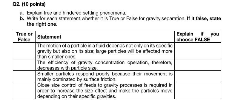 Solved Q2. (10 points) a. Explain free and hindered settling | Chegg.com