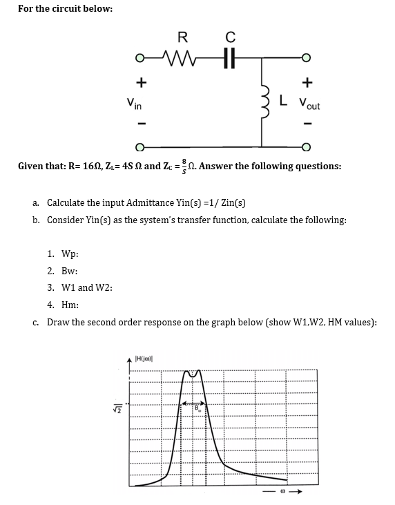 Solved For the circuit below: R C MH + + Vin L Vout Given | Chegg.com