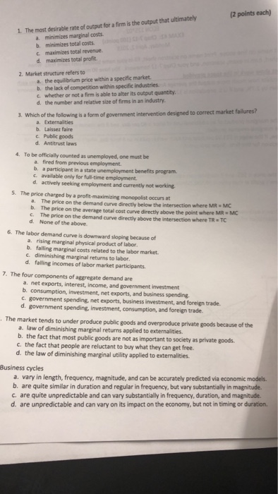 Solved (2 points each) 1. The most desirable rate of output | Chegg.com