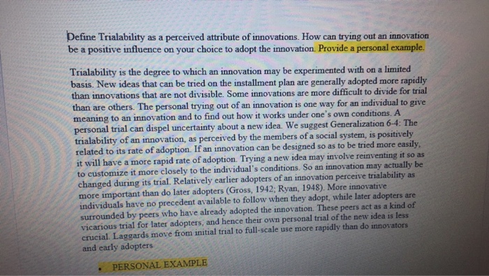 Define Trialability as a perceived attribute of | Chegg.com