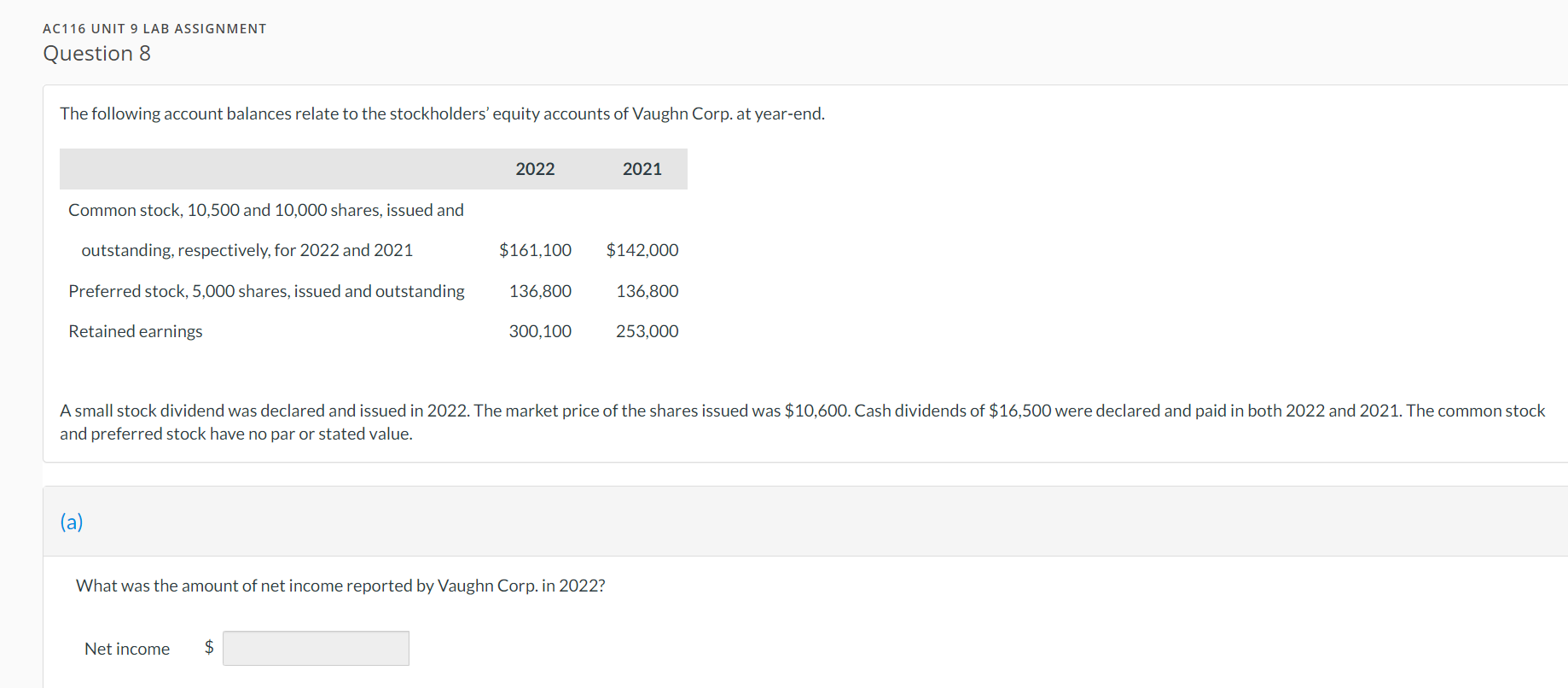 Solved AC116 UNIT 9 LAB ASSIGNMENT Question 8 The following | Chegg.com
