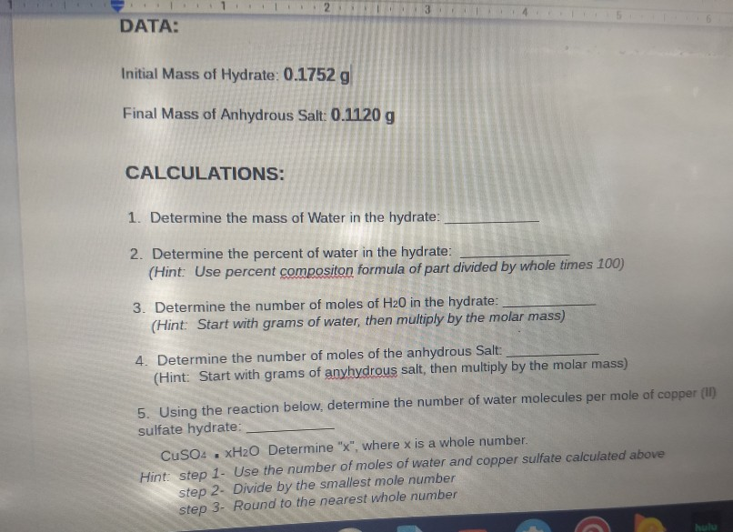 Solved 3 4 DATA: Initial Mass of Hydrate: 0.1752 g Final | Chegg.com