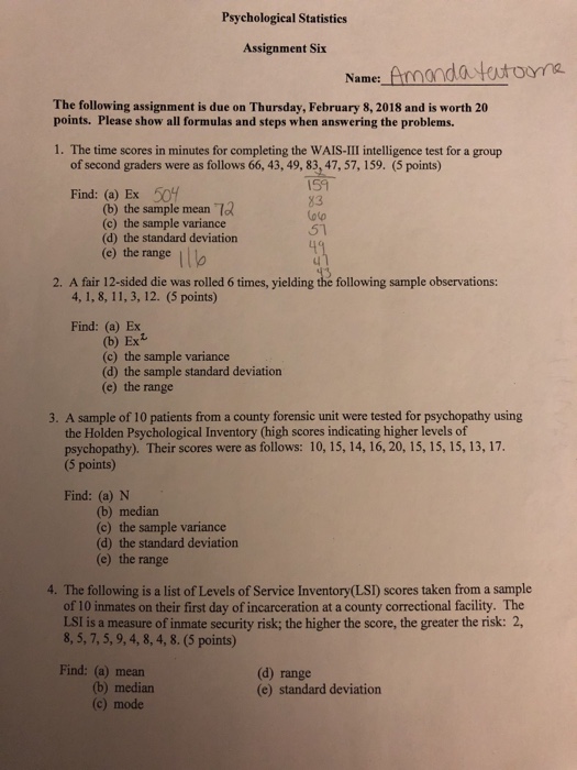 Solved Psychological Statistics Assignment Six Name: The | Chegg.com