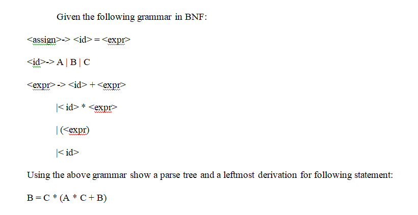 Solved Given the following grammar in BNF: -> = -> ABC .>+ | Chegg.com