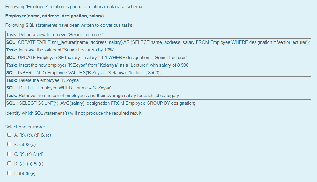 Solved Following "Employee" relation is part of a relational | Chegg.com