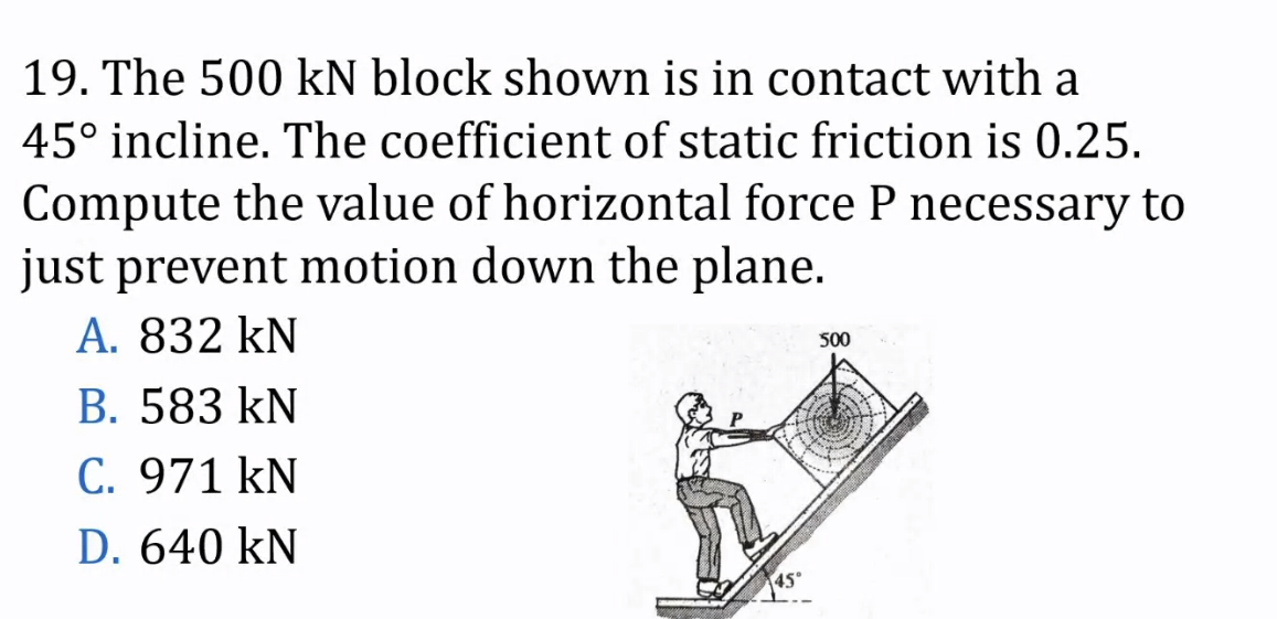 Solved 19. The 500 kN block shown is in contact with a 45° | Chegg.com