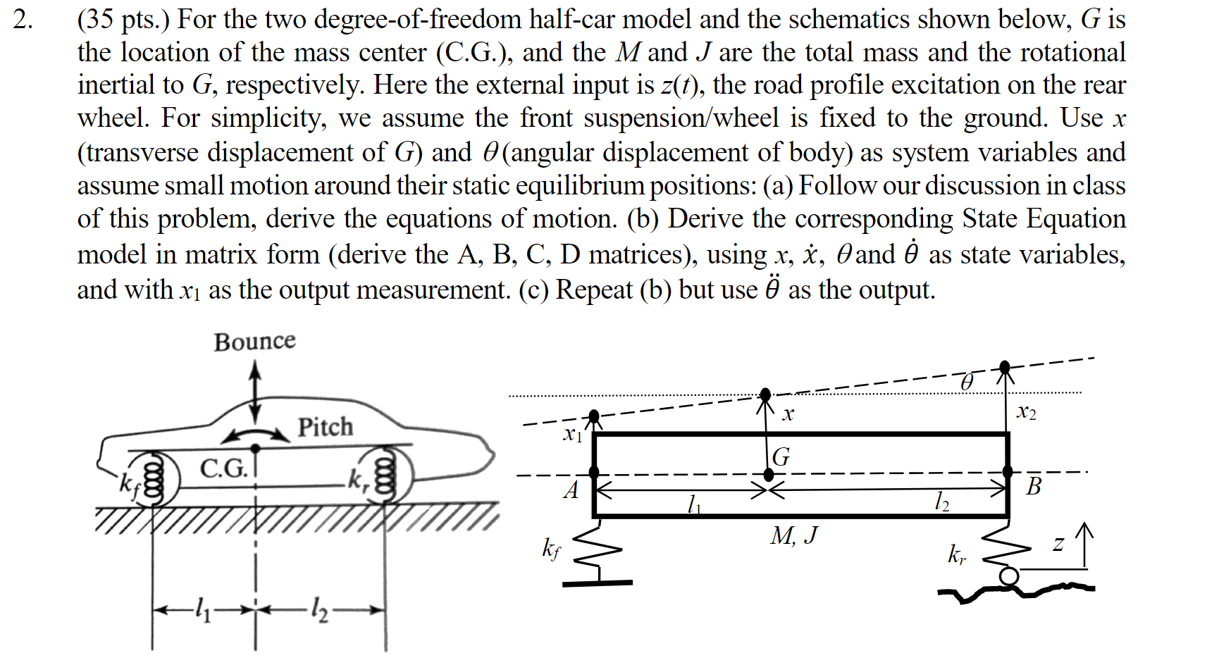 Solved 2. (35 pts.) For the two degree-of-freedom half-car | Chegg.com