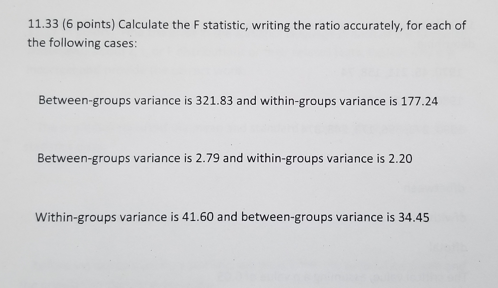 Solved 11.33 (6 points) Calculate the F statistic, writing | Chegg.com
