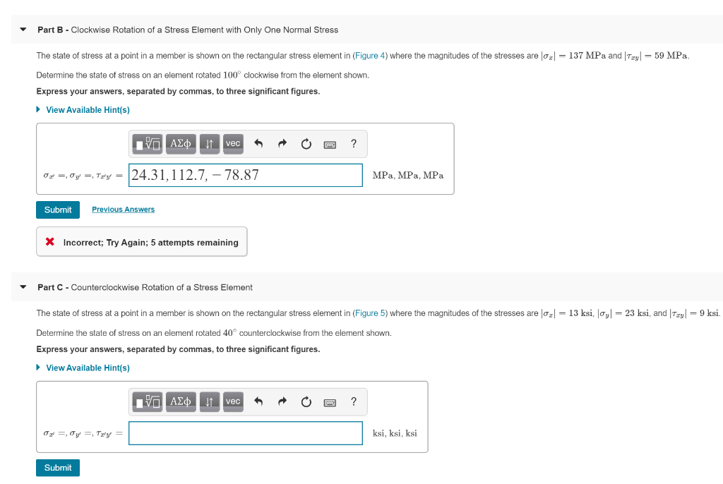 Solved Part B - Clockwise Rotation of a Stress Element with | Chegg.com