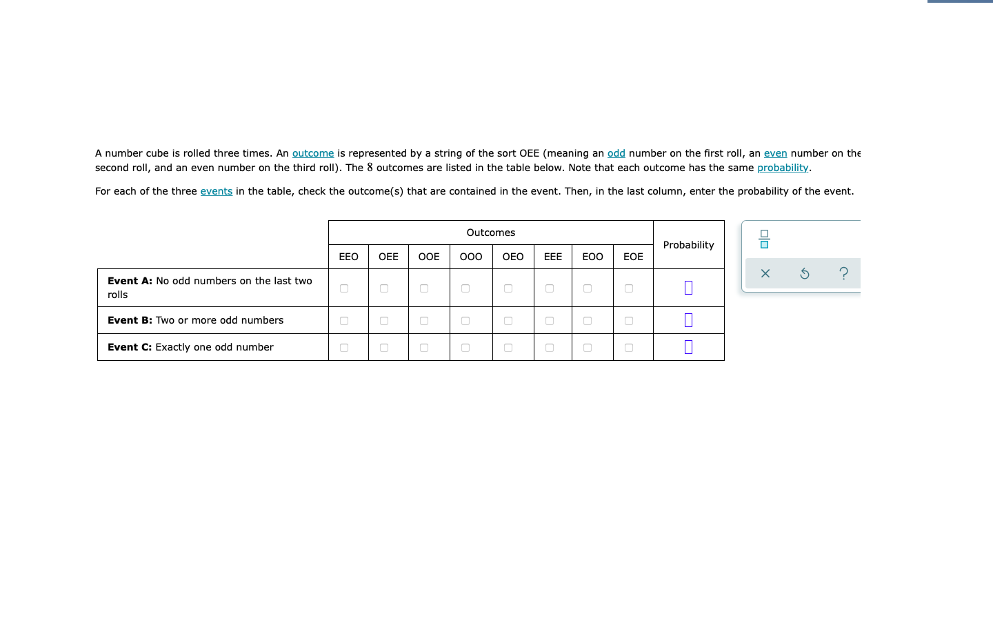 Solved A number cube is rolled three times. An outcome is | Chegg.com