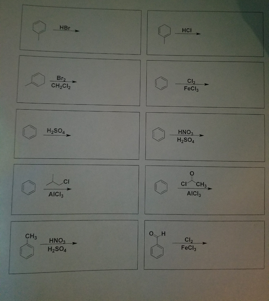 Solved HCI HBr Br2 CH2Cl2 Cl FeCl3 HNO3 H2SO4 H2S04 CI AICI3 | Chegg.com