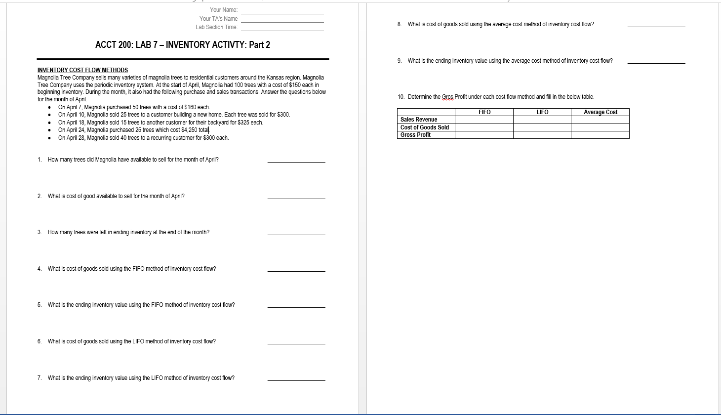Solved Your Name: Your TA's Name Lab Section Time: 8. What | Chegg.com