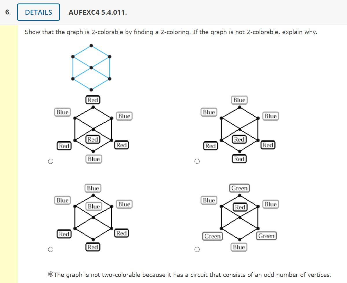 Solved AUFEXC4 5.4.011. Show that the graph is 2-colorable | Chegg.com