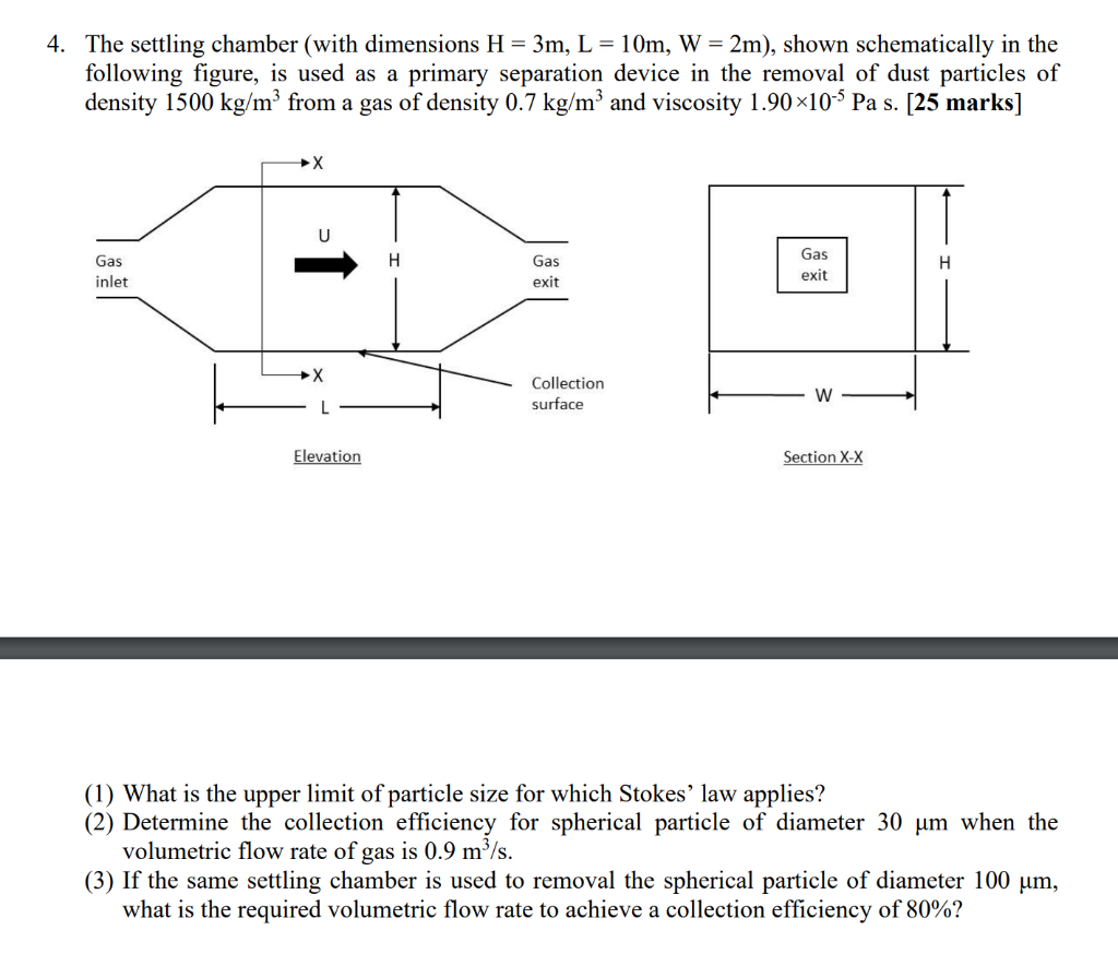 Solved 4. The settling chamber (with dimensions H = 3m, L = | Chegg.com