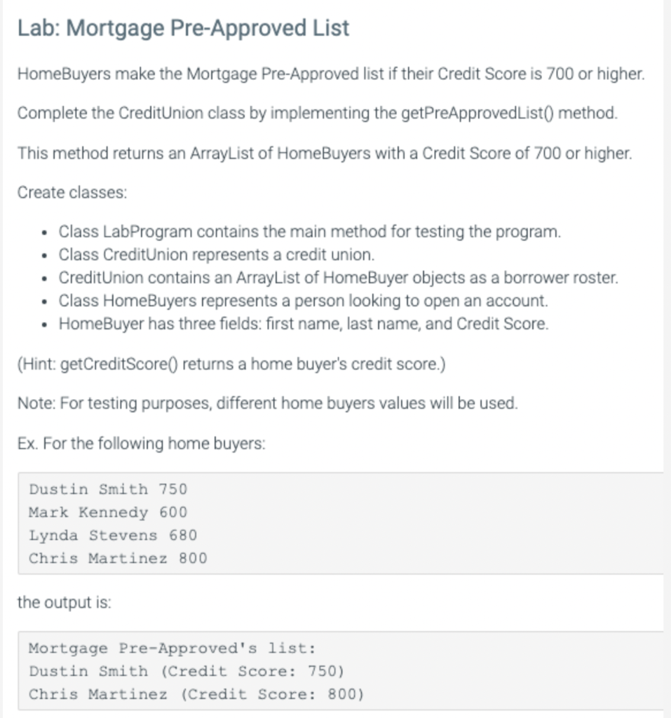 Solved Lab: Mortgage Pre-Approved List HomeBuyers make the | Chegg.com