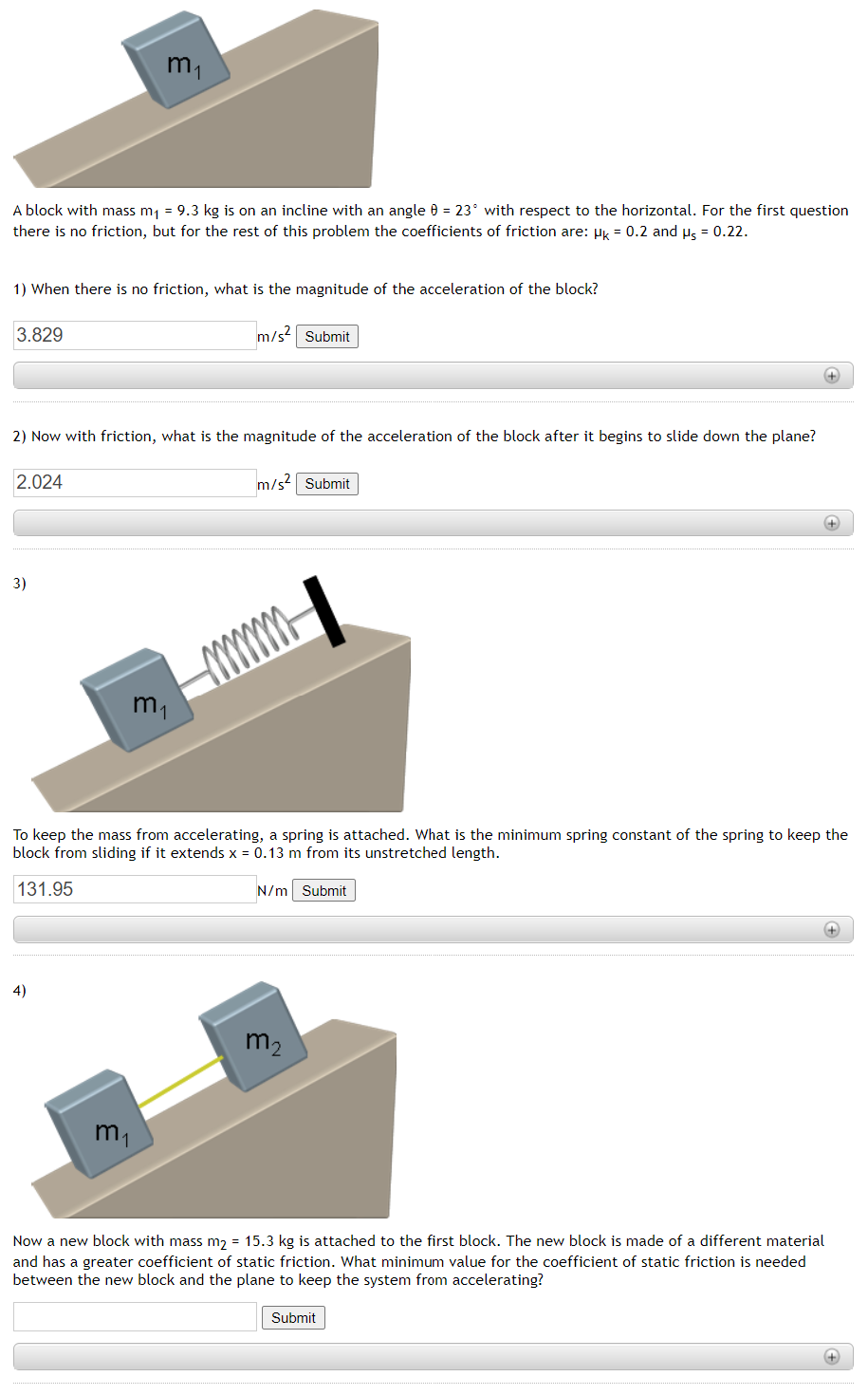 Solved A block with mass m1=9.3 kg is on an incline with an | Chegg.com
