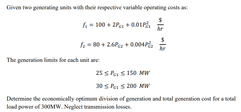 Solved Given two generating units with their respective | Chegg.com