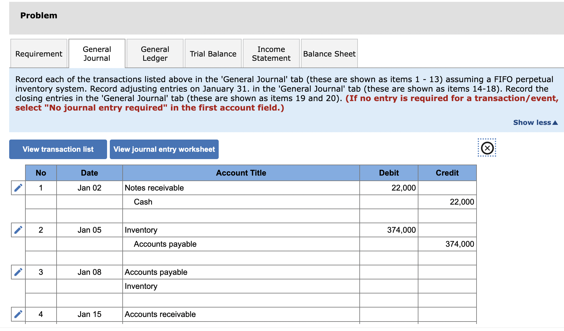 Solved Problem Record each of the transactions listed above | Chegg.com