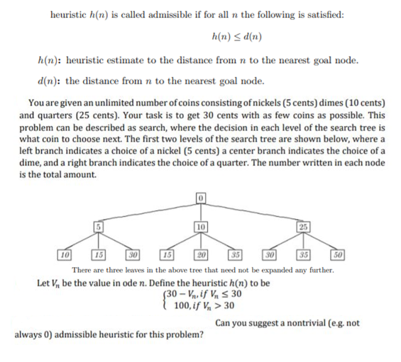Solved heuristic h(n) is called admissible if for all n the | Chegg.com