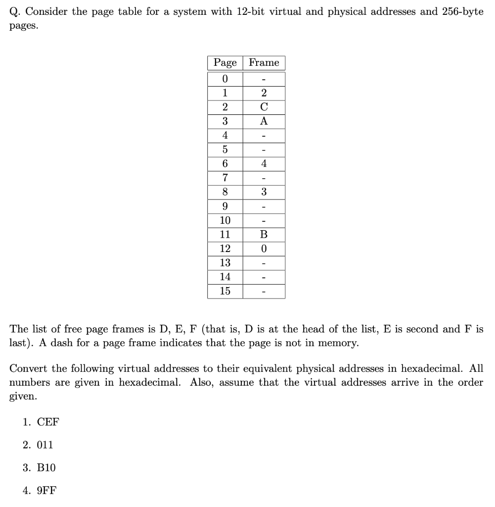 Solved Q. Consider the page table for a system with 12-bit | Chegg.com