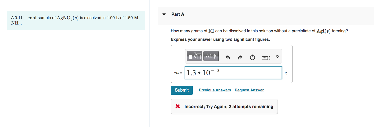 Solved Part A A0.11 – mol sample of AgNO3(s) is dissolved in | Chegg.com