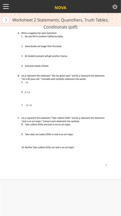 Solved NOVA Worksheet 2 Statements, Quantifiers, Truth | Chegg.com