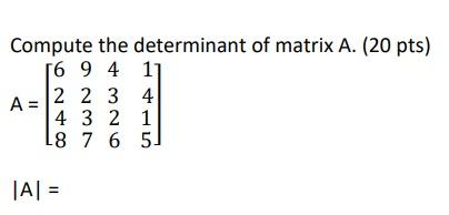 Compute the determinant of matrix A. ( 20pts) | Chegg.com