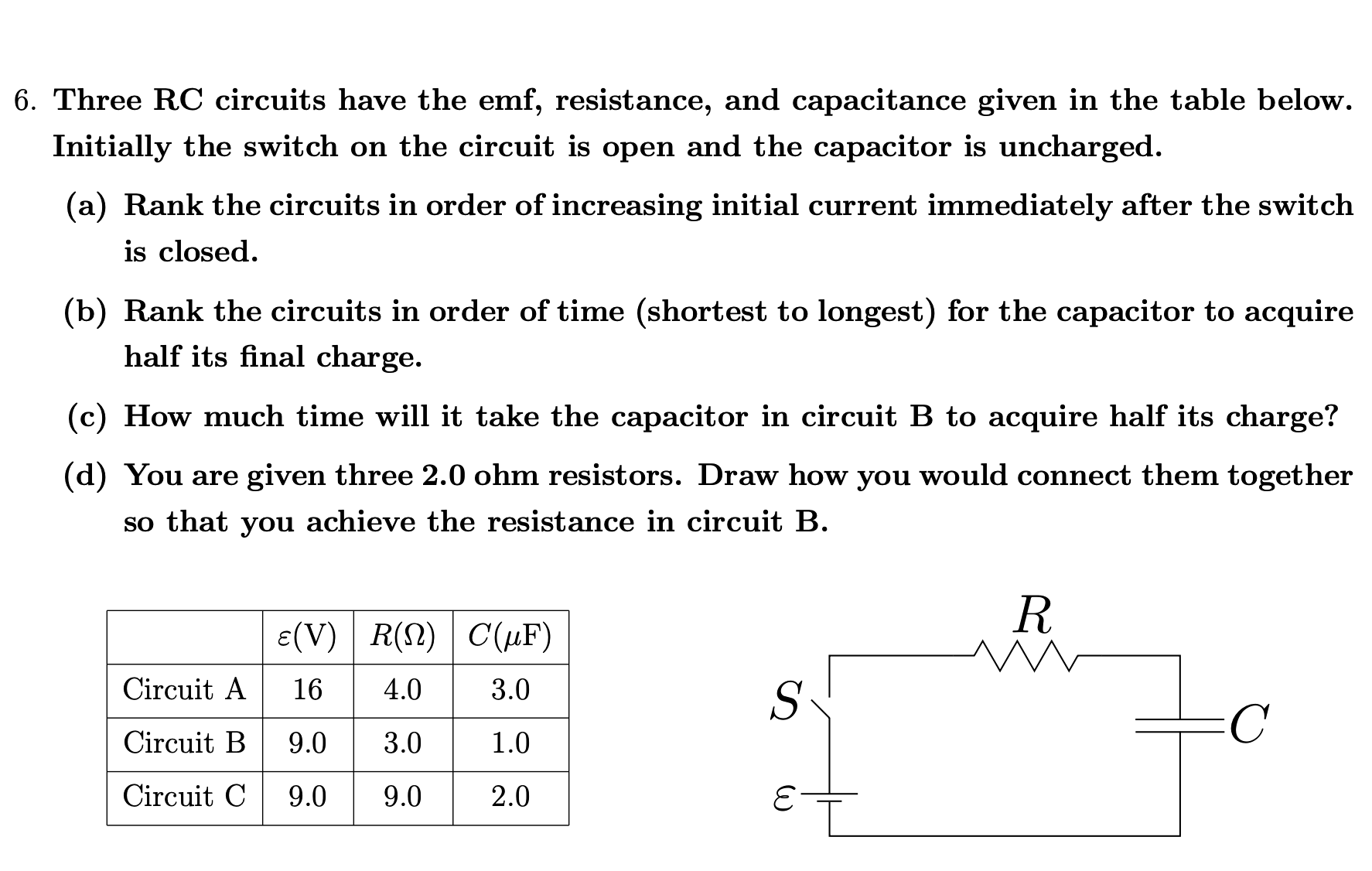 Solved Three RC circuits have the emf, resistance, and | Chegg.com