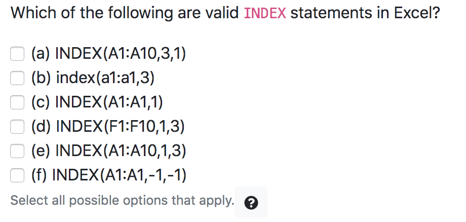 Solved Which of the following are valid INDEX statements in | Chegg.com