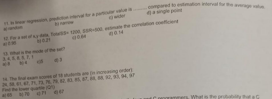 Solved 11. In linear regression, prediction interval for a | Chegg.com