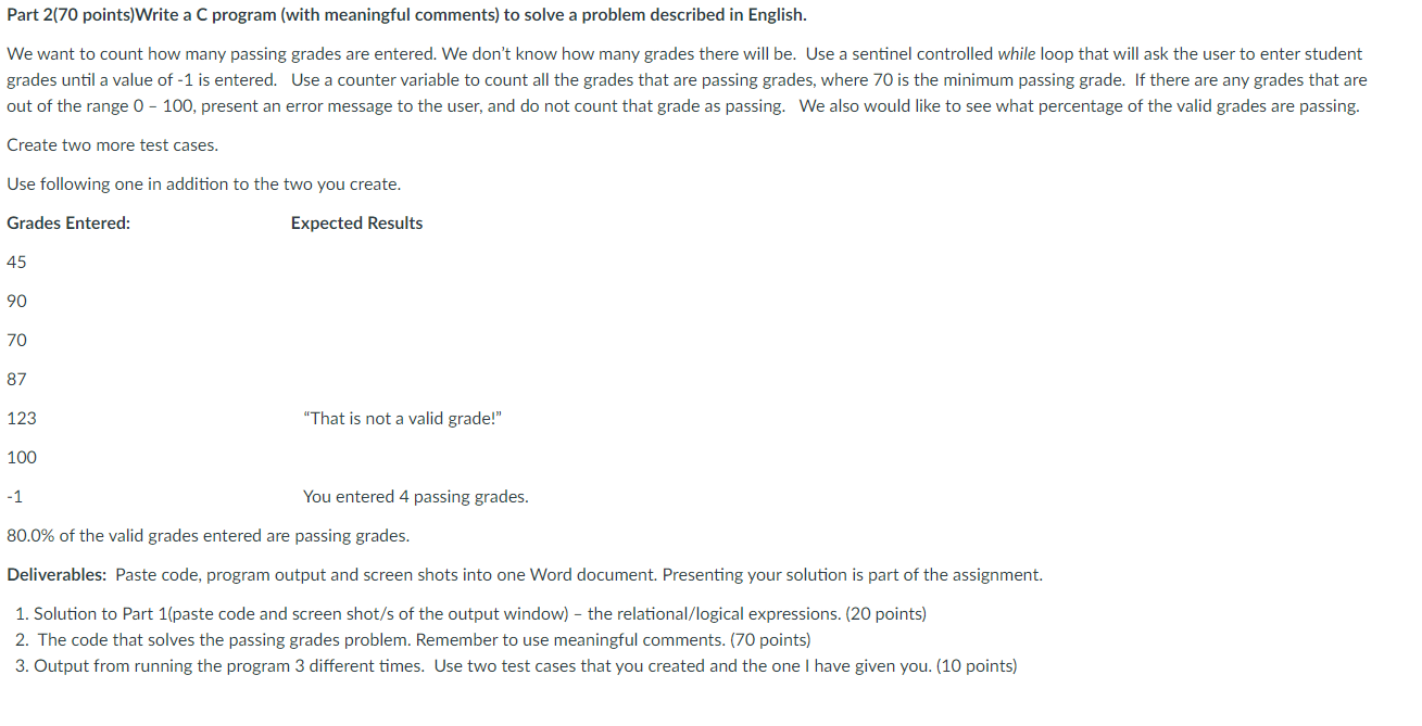 Solved Part 2(70 points)Write a C program (with meaningful | Chegg.com