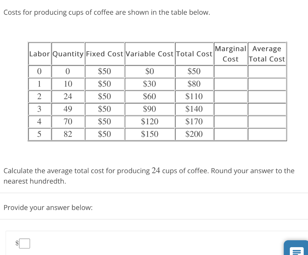 Solved Costs for producing cups of coffee are shown in the | Chegg.com