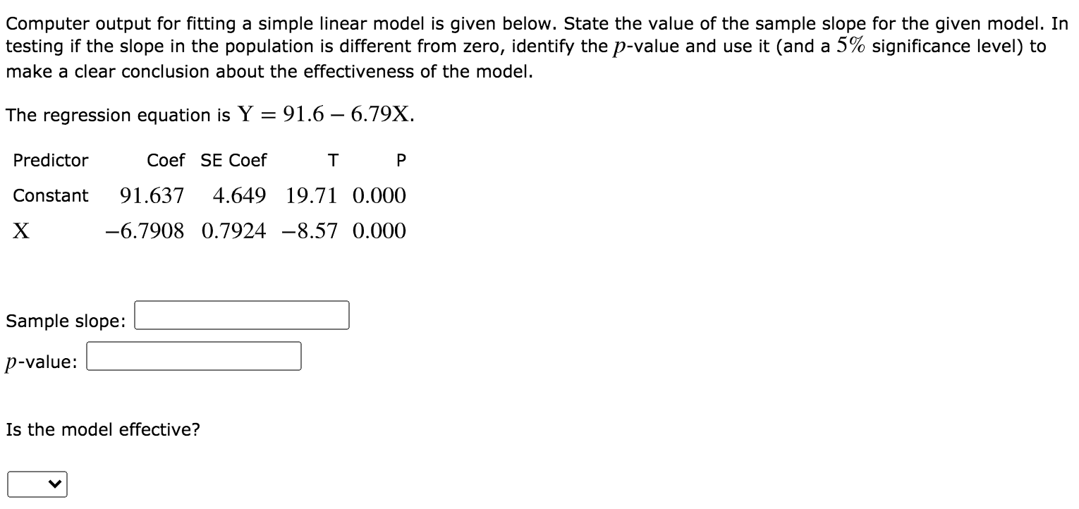 Solved Computer output for fitting a simple linear model is | Chegg.com