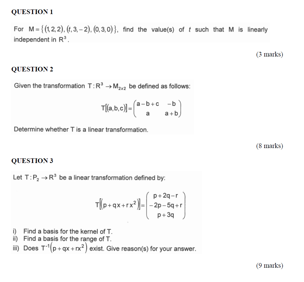 Solved For M={(1,2,2),(t,3,−2),(0,3,0)}, find the value(s) | Chegg.com