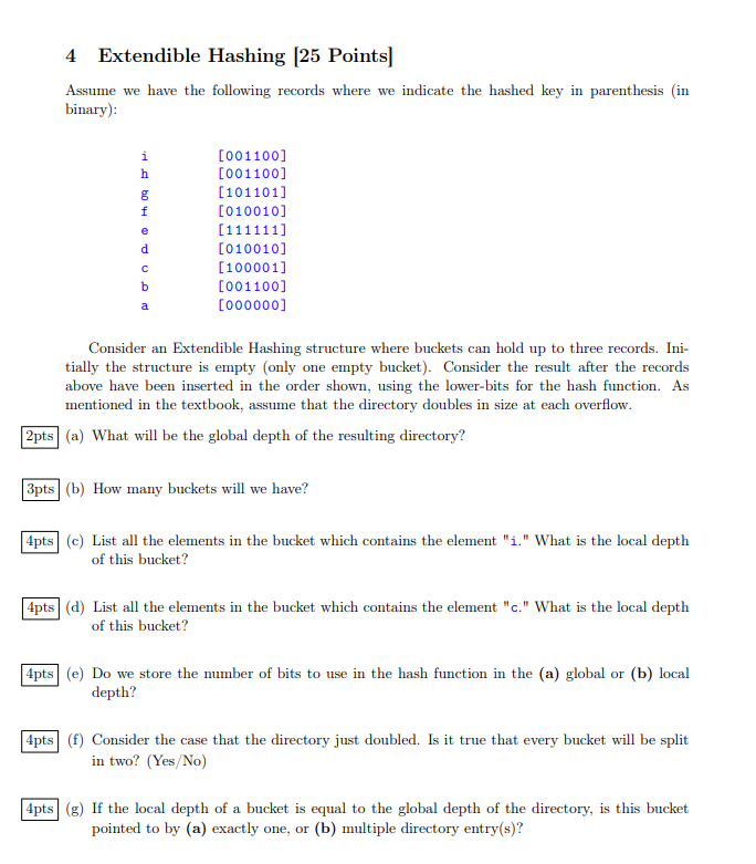Solved 4 Extendible Hashing [25 Points] Assume we have the | Chegg.com