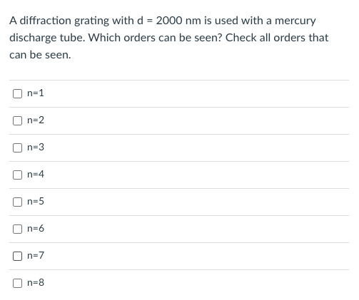 Solved A diffraction grating with d=2000 nm is used with a | Chegg.com