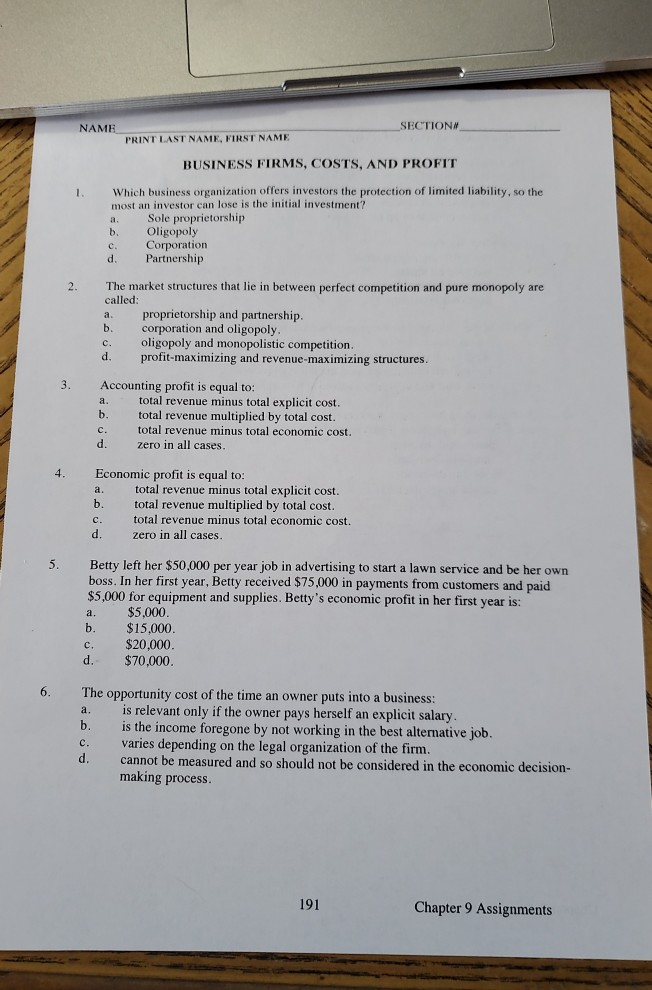 Solved SECTION NAME PRINT LAST NAME, FIRST NAME BUSINESS | Chegg.com