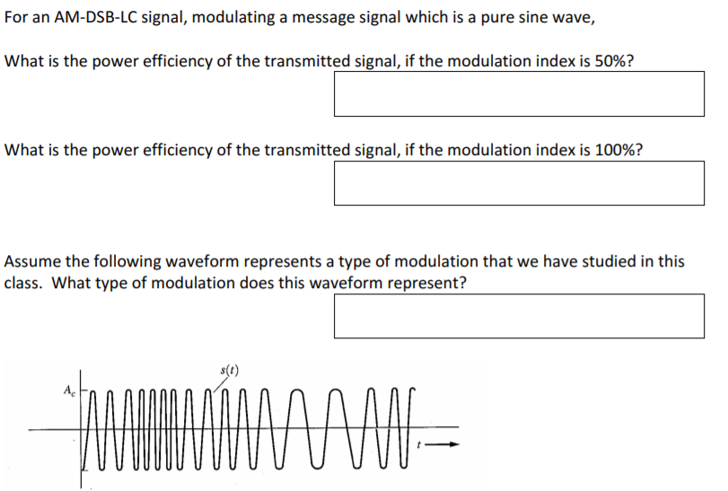 Solved For an AM-DSB-LC signal, modulating a message signal | Chegg.com
