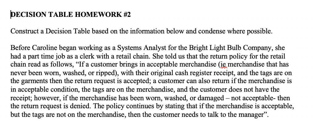 Solved DECISION TABLE HOMEWORK #2 Construct a Decision Table | Chegg.com