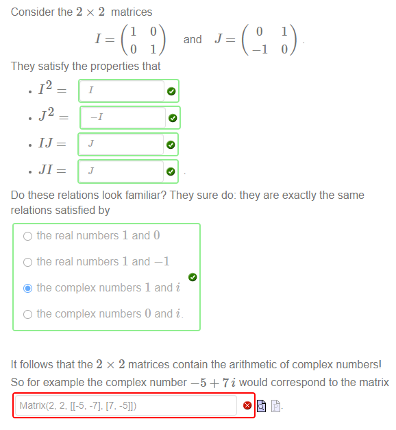 Solved Consider the 2×2 matrices I=(1001) and J=(0−110). | Chegg.com