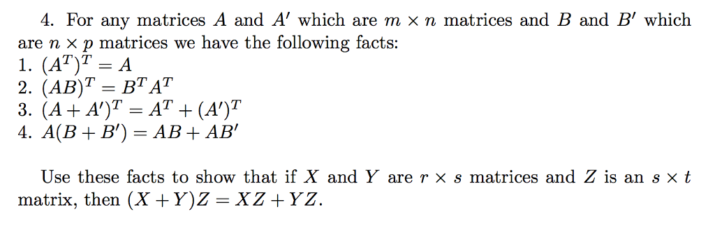 Solved 4. For any matrices A and A' which are m x n matrices | Chegg.com