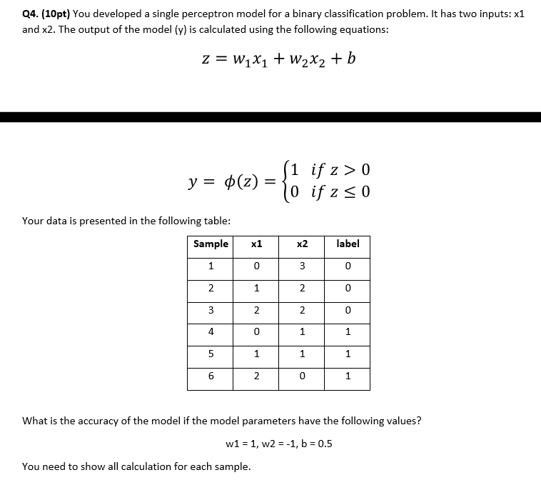 Solved Q4. (10pt) You developed a single perceptron model | Chegg.com