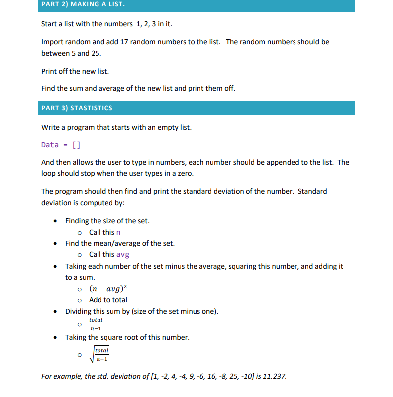 Solved PART 2) MAKING A LIST. Start a list with the numbers | Chegg.com
