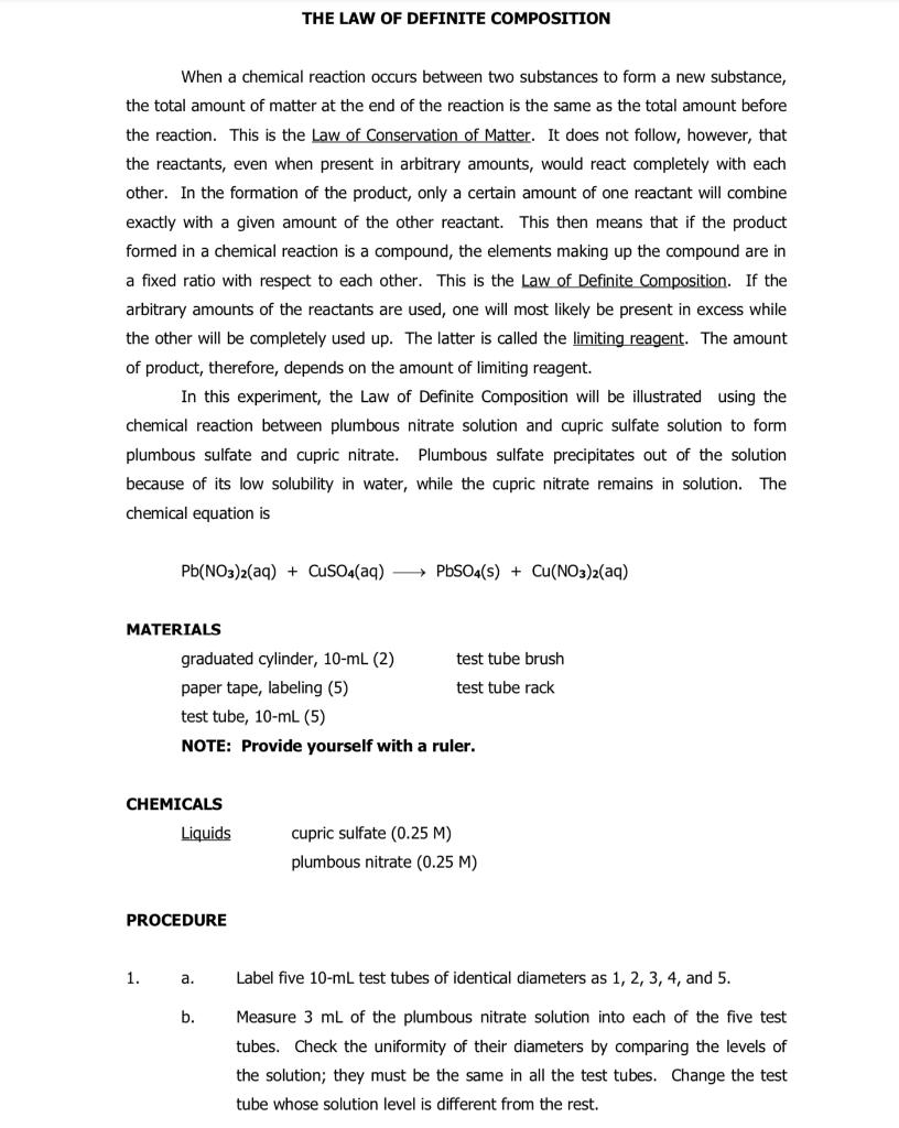 Solved THE LAW OF DEFINITE COMPOSITION When a chemical | Chegg.com