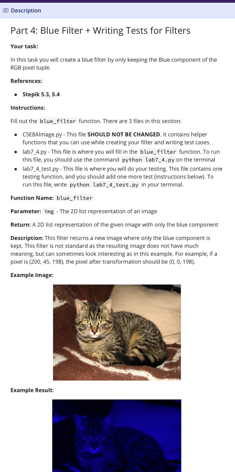 Solved Part 4: Blue Filter + Writing Tests for Filters Your | Chegg.com