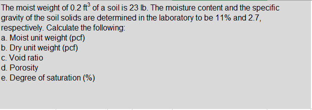 Solved The moist weight of 0.2ft3 of a soil is 23lb. The | Chegg.com