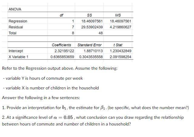 Solved ANOVA SS Regression 18.46097561 Residual 29.53902439 | Chegg.com